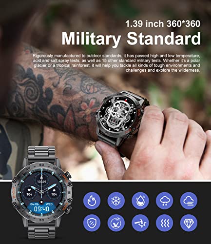 Military Smart Watch for Men(Answer/Dial Calls),100 Sports Modes, 5ATM Waterproof Fitness Watch with Heart Rate/SpO2/Blood Pressure for Android and iPhone,1.39''HD DIY Screen Smartwatch Black