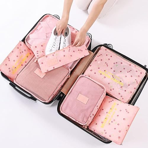 Fxkoolr Packing Cubes for Suitcases - 7 Pieces,Light Packing Cubes for Travel, Suitcase Organizer Bags Set, Luggage Organizers for Suitcase, Water-Resistant Travel Essentials, Pink Cherry