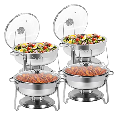 BriSunshine 4 Packs Round Chafing Dish Buffet Set, 4 QT Stainless Steel Chafing Dishes with Glass Lid & Lid Holder, Catering Food Warmers for Parties Buffet Weddings Events