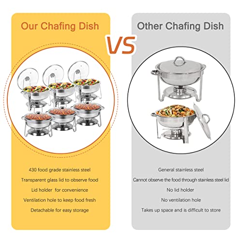 BriSunshine 4 Packs Round Chafing Dish Buffet Set, 4 QT Stainless Steel Chafing Dishes with Glass Lid & Lid Holder, Catering Food Warmers for Parties Buffet Weddings Events