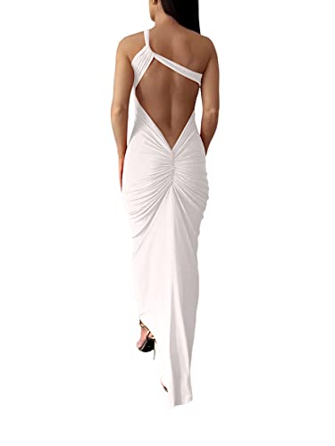 Vrtige Women's Sexy One Shoulder Backless Ruched Sleeveless Cocktail Bodycon Maxi Dress White Medium