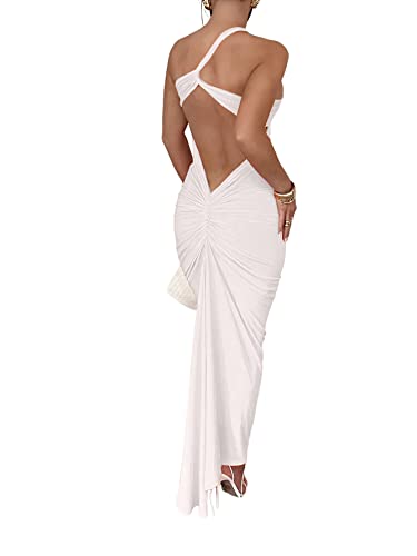 Vrtige Women's Sexy One Shoulder Backless Ruched Sleeveless Cocktail Bodycon Maxi Dress White Medium