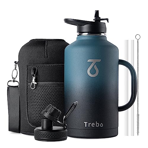 Trebo 64 oz Water Bottle Insulated with Handle, Half Gallon Stainless Steel Metal Large Jug,Travel Flask with Straw Spout Lid,Mug Tumbler Cup with Carry Pouch,Keep Cold Hot, Indigo Black