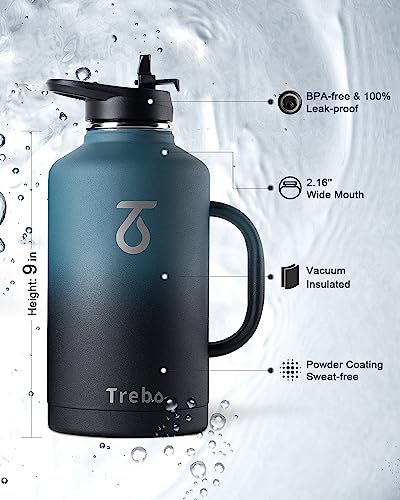 Trebo 64 oz Water Bottle Insulated with Handle, Half Gallon Stainless Steel Metal Large Jug,Travel Flask with Straw Spout Lid,Mug Tumbler Cup with Carry Pouch,Keep Cold Hot, Indigo Black