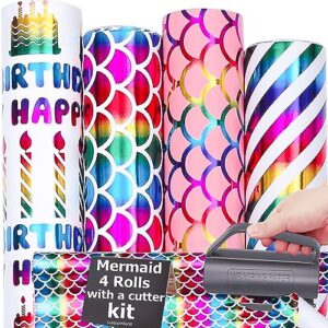 thmort mermaid wrapping paper roll with a cutter kit for girls&boys,kids birthday adults, princess pink barbies 17 inch x 120 inch gift wrapping paper colorful rainbow happy birthday wrapper.