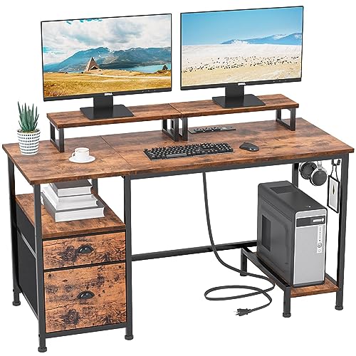 Furologee Computer Desk with Drawer and Power Outlets, 47" Office Desk with 2 Monitor Stands and Fabric File Cabinet, Writing Gaming Table with Shelves and 2 Hooks for Home Office, Rustic Brown