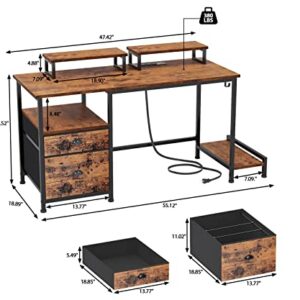 Furologee Computer Desk with Drawer and Power Outlets, 47" Office Desk with 2 Monitor Stands and Fabric File Cabinet, Writing Gaming Table with Shelves and 2 Hooks for Home Office, Rustic Brown