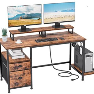 Furologee Computer Desk with Drawer and Power Outlets, 47" Office Desk with 2 Monitor Stands and Fabric File Cabinet, Writing Gaming Table with Shelves and 2 Hooks for Home Office, Rustic Brown