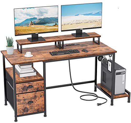 Furologee Computer Desk with Drawer and Power Outlets, 47" Office Desk with 2 Monitor Stands and Fabric File Cabinet, Writing Gaming Table with Shelves and 2 Hooks for Home Office, Rustic Brown