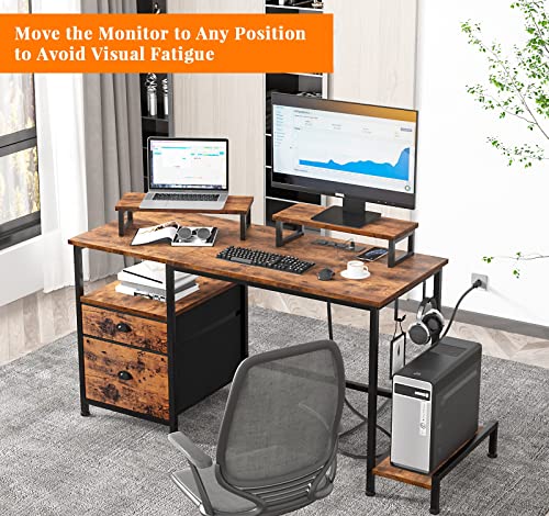 Furologee Computer Desk with Drawer and Power Outlets, 47" Office Desk with 2 Monitor Stands and Fabric File Cabinet, Writing Gaming Table with Shelves and 2 Hooks for Home Office, Rustic Brown