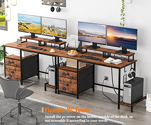 Furologee Computer Desk with Drawer and Power Outlets, 47" Office Desk with 2 Monitor Stands and Fabric File Cabinet, Writing Gaming Table with Shelves and 2 Hooks for Home Office, Rustic Brown