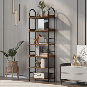 petfu 70.8 inch bookshelf,shelf,shelves,narrow bookshelf,bathroom shelves,6-tier shelves with round top frame,adjustable foot pads,living room,bathroom,balcony,kitchen,mdf,brown