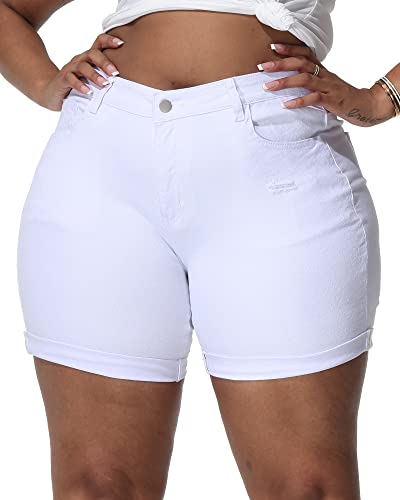 Gboomo Womens Plus Size White Jean Shorts Casual Denim Shorts High Waisted Fold Hem Short Jeans with Pockets 20W