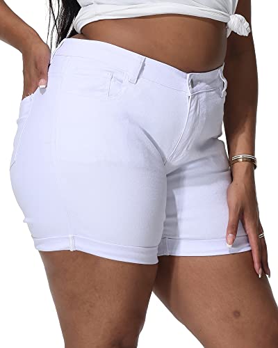 Gboomo Womens Plus Size White Jean Shorts Casual Denim Shorts High Waisted Fold Hem Short Jeans with Pockets 20W