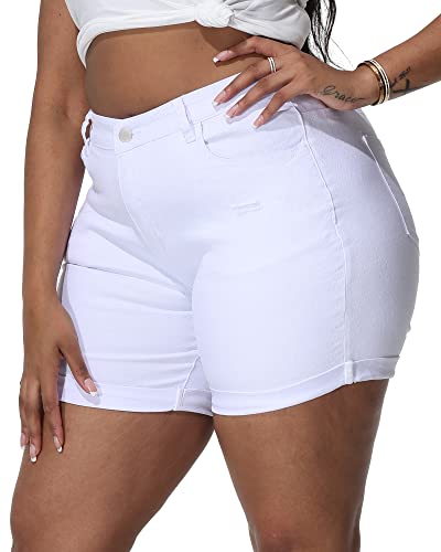 Gboomo Womens Plus Size White Jean Shorts Casual Denim Shorts High Waisted Fold Hem Short Jeans with Pockets 20W