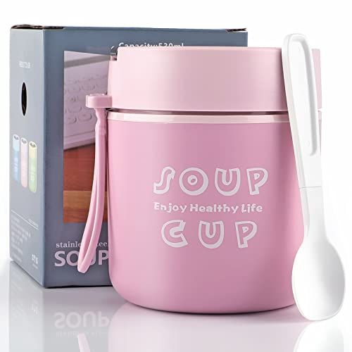 Reastar Insulated Food Container, 18 Ounce Stainless Steel Kids Adult Thermos for Hot Food, Vacuum Insulated Food Jar with Folding Spoon, Leak Proof, Portable Hot Food Container Soup Thermos, Pink