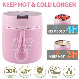 Reastar Insulated Food Container, 18 Ounce Stainless Steel Kids Adult Thermos for Hot Food, Vacuum Insulated Food Jar with Folding Spoon, Leak Proof, Portable Hot Food Container Soup Thermos, Pink