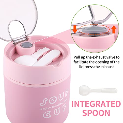 Reastar Insulated Food Container, 18 Ounce Stainless Steel Kids Adult Thermos for Hot Food, Vacuum Insulated Food Jar with Folding Spoon, Leak Proof, Portable Hot Food Container Soup Thermos, Pink