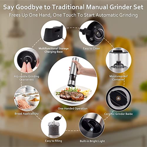 Upgraded Electric Salt and Pepper Grinder Set, Fast Chargeable Automatic Salt Pepper Grinder Mill Shaker Refillable With Light, Mill Tray, Adjustable Coarseness Stainless Steel Grinder Kitchen Gadgets