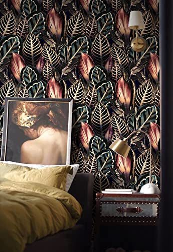 Luvdecor Peel and Stick Wallpaper Boho Bold Luxury Leaf Wallpaper Removable Wallpaper Boho Peel and Stick Floral Wallpaper for Bedroom Bathroom Stick On Wallpaper for Accent Wall Decor 17.7 * 118in