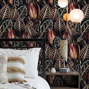 Luvdecor Peel and Stick Wallpaper Boho Bold Luxury Leaf Wallpaper Removable Wallpaper Boho Peel and Stick Floral Wallpaper for Bedroom Bathroom Stick On Wallpaper for Accent Wall Decor 17.7 * 118in