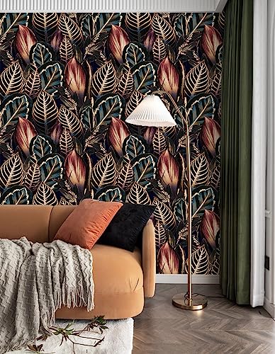 Luvdecor Peel and Stick Wallpaper Boho Bold Luxury Leaf Wallpaper Removable Wallpaper Boho Peel and Stick Floral Wallpaper for Bedroom Bathroom Stick On Wallpaper for Accent Wall Decor 17.7 * 118in