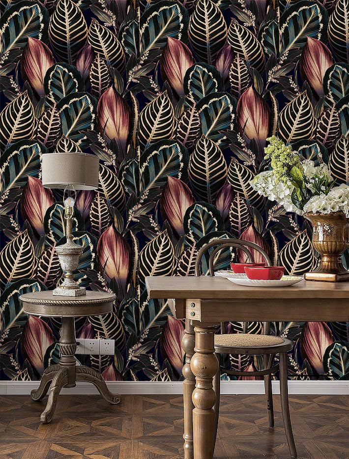 Luvdecor Peel and Stick Wallpaper Boho Bold Luxury Leaf Wallpaper Removable Wallpaper Boho Peel and Stick Floral Wallpaper for Bedroom Bathroom Stick On Wallpaper for Accent Wall Decor 17.7 * 118in