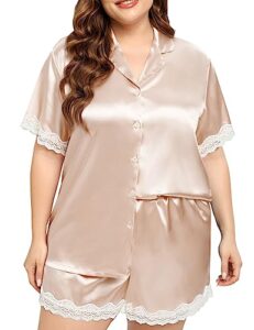 swomog satin plus size pajama women short sleeve loungwear two piece sleepwear silk satin pajamas set comfy pjs with lace trim champagne