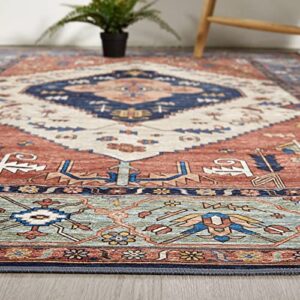 RoomTalks Flatweave Oriental Persian 3x5 Small Area Rug in Rusty Red and Blue, Stain Resistant Machine Washable Non-Slip Ultra Thin Persian Carpet Throw Rugs for Kitchen Entryway Dining Room