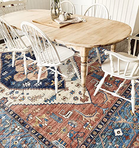 RoomTalks Flatweave Oriental Persian 3x5 Small Area Rug in Rusty Red and Blue, Stain Resistant Machine Washable Non-Slip Ultra Thin Persian Carpet Throw Rugs for Kitchen Entryway Dining Room