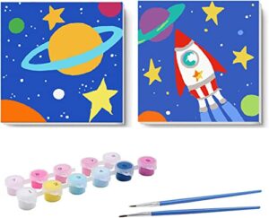 wusarply 2 pcs diy paint by numbers for kids - premium moon star painting canvas with wooden framed easy number painting set for girls boys beginner colorful sun rocket pattern 7.8"x7.8"