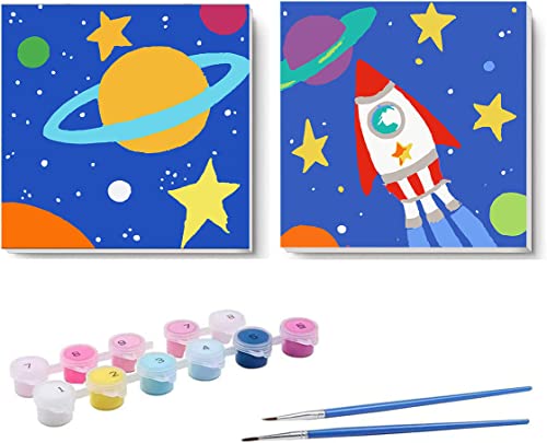 WUSARPLY 2 Pcs DIY Paint by Numbers for Kids - Premium Moon Star Painting Canvas with Wooden Framed Easy Number Painting Set for Girls Boys Beginner Colorful Sun Rocket Pattern 7.8"x7.8"