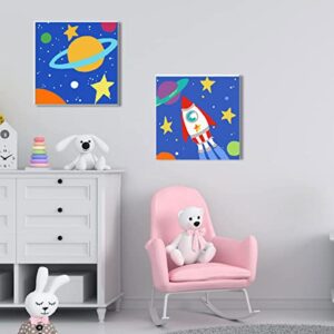 WUSARPLY 2 Pcs DIY Paint by Numbers for Kids - Premium Moon Star Painting Canvas with Wooden Framed Easy Number Painting Set for Girls Boys Beginner Colorful Sun Rocket Pattern 7.8"x7.8"