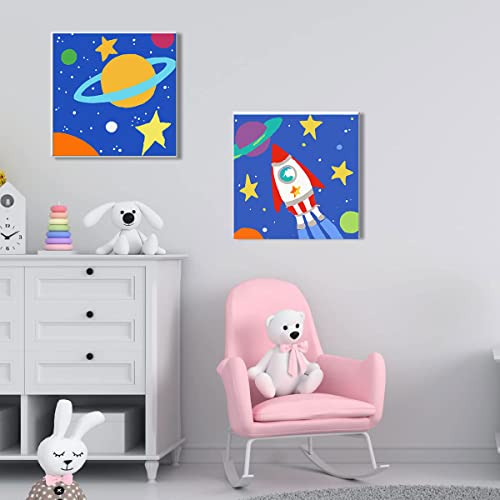 WUSARPLY 2 Pcs DIY Paint by Numbers for Kids - Premium Moon Star Painting Canvas with Wooden Framed Easy Number Painting Set for Girls Boys Beginner Colorful Sun Rocket Pattern 7.8"x7.8"