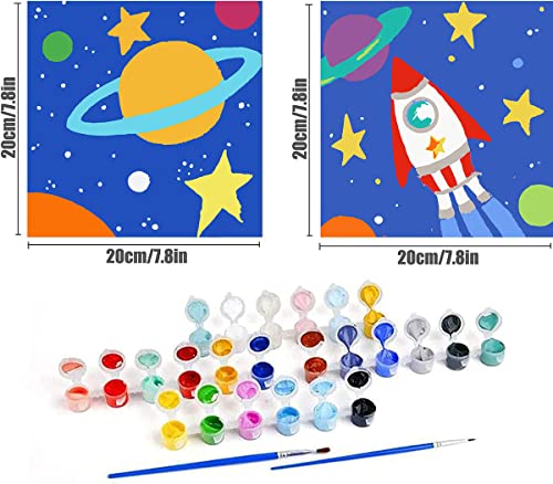 WUSARPLY 2 Pcs DIY Paint by Numbers for Kids - Premium Moon Star Painting Canvas with Wooden Framed Easy Number Painting Set for Girls Boys Beginner Colorful Sun Rocket Pattern 7.8"x7.8"