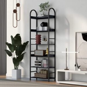 tejomi 6-tier tall bookshelf, 70.8" industrial wooden bookcase with open shelves, free standing metal storage rack display rack for living room, office, hallway, kitchen - black