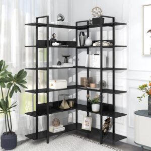 Tejomi Modern 6-Tier Corner Bookshelf, 74.8" Industrial L-Shaped Corner Bookcase with Metal Frame and Open Storage, Free Standing Storage Rack Display Rack for Living Room, Office, Hallway - Black