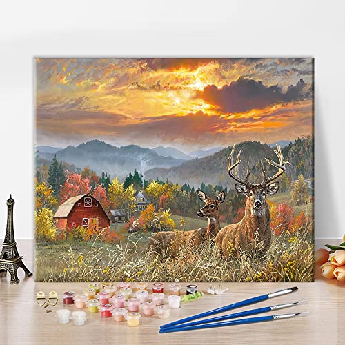 Deer Canvas Painting by Numbers Kits for Adults Countryside Red Barn Art Design Picture Modern Painting for Adults Kids Wall Decor with Paintbrushes Acrylic Pigment for Living Room Bedroom16"x20"