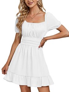 rooscier women's square neck puff short sleeve ruffle elastic waist tie back mini dress white small