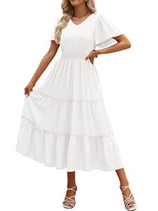 lillusory womens modest graduation smocked v neck flowy tiered a line midi dresses 2023 summer short flutter sleeves empire waist derby long maxi dress white