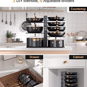 MUDEELA Pots and Pans Organizer : Rack for Cabinet, 8-Tier Kitchen Cabinet Organizers and Storage, Adjustable Pot Racks, Pot Organizer Rack for under Cabinet with 3 DIY Methods