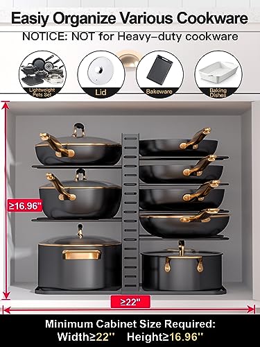 MUDEELA Pots and Pans Organizer : Rack for Cabinet, 8-Tier Kitchen Cabinet Organizers and Storage, Adjustable Pot Racks, Pot Organizer Rack for under Cabinet with 3 DIY Methods