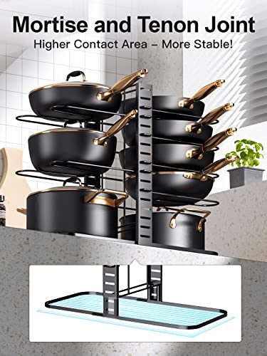 MUDEELA Pots and Pans Organizer : Rack for Cabinet, 8-Tier Kitchen Cabinet Organizers and Storage, Adjustable Pot Racks, Pot Organizer Rack for under Cabinet with 3 DIY Methods