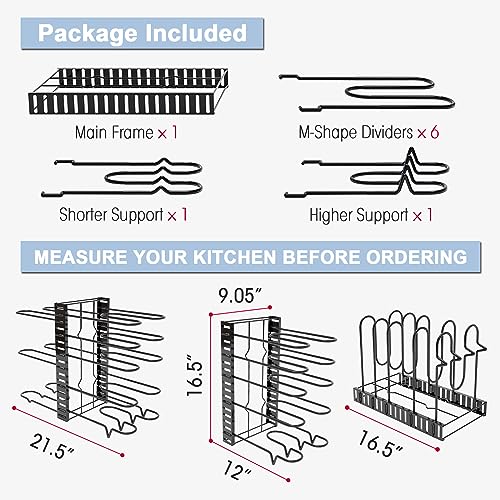 PMYEK Updated Pot and Pan Organizer Cabinet Rack, Adjustable Kitchen Cabinet Organizer, Space-Saving Pot Lid Organizer for Cookware, Cutting Board Rack