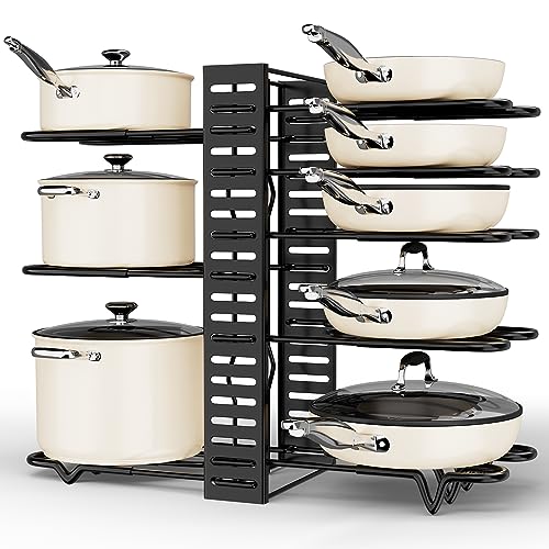 PMYEK Updated Pot and Pan Organizer Cabinet Rack, Adjustable Kitchen Cabinet Organizer, Space-Saving Pot Lid Organizer for Cookware, Cutting Board Rack