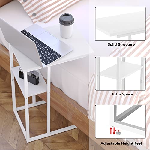 Yusong C Shaped End Table, Small Side Tables Slide Under Sofa Couch Bed, Small TV Tray Bedside Table for Small Spaces, Living Room, Bedroom, White