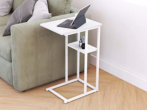 Yusong C Shaped End Table, Small Side Tables Slide Under Sofa Couch Bed, Small TV Tray Bedside Table for Small Spaces, Living Room, Bedroom, White