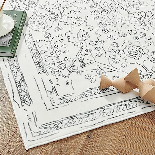 jinchan Area Rug 6x9 Persian Rug Living Room Rug Washable Boho Soft Rug Indoor Floral Print Carpet Distressed Thin Rug Bedroom Dining Room Kitchen Grey On Cream