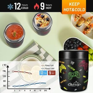 Charcy 9 Ounce Stainless Steel Vacuum Insulated Kids Food Jar - Soup Thermos for Hot & Cold Food - Black Video Game