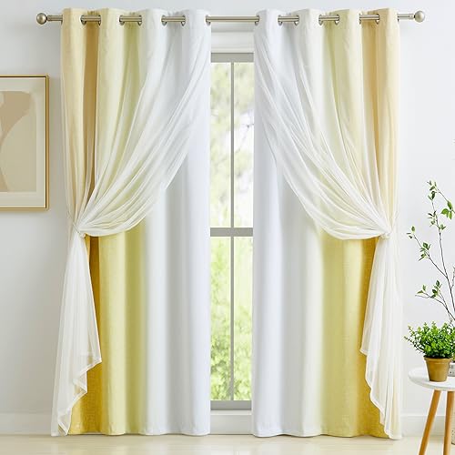 Geomoroccan Ombre Blackout with White Lace Sheer Elegant Layered Curtains,Mix and Match Grommet Thermal Insulated Curtain for Bedroom and Living Room 2 Panels (52"x84",Yellow and White)